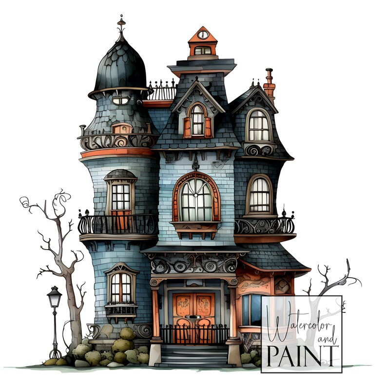 Haunted House Clipart, Watercolor Halloween Elements, PNG Format ...