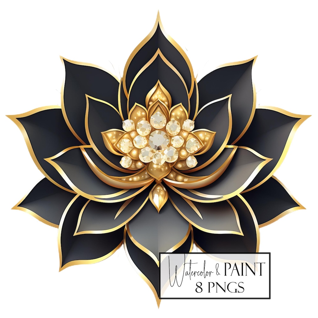 Black and Gold Lotus Flower Clipart Set: Elegant PNG Images (commercial ...