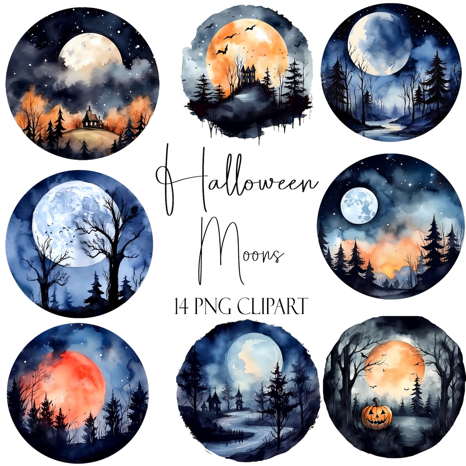 Halloween Full Moon Clipart, Watercolor Elements, PNG Format, Instant Download, POD Use ...