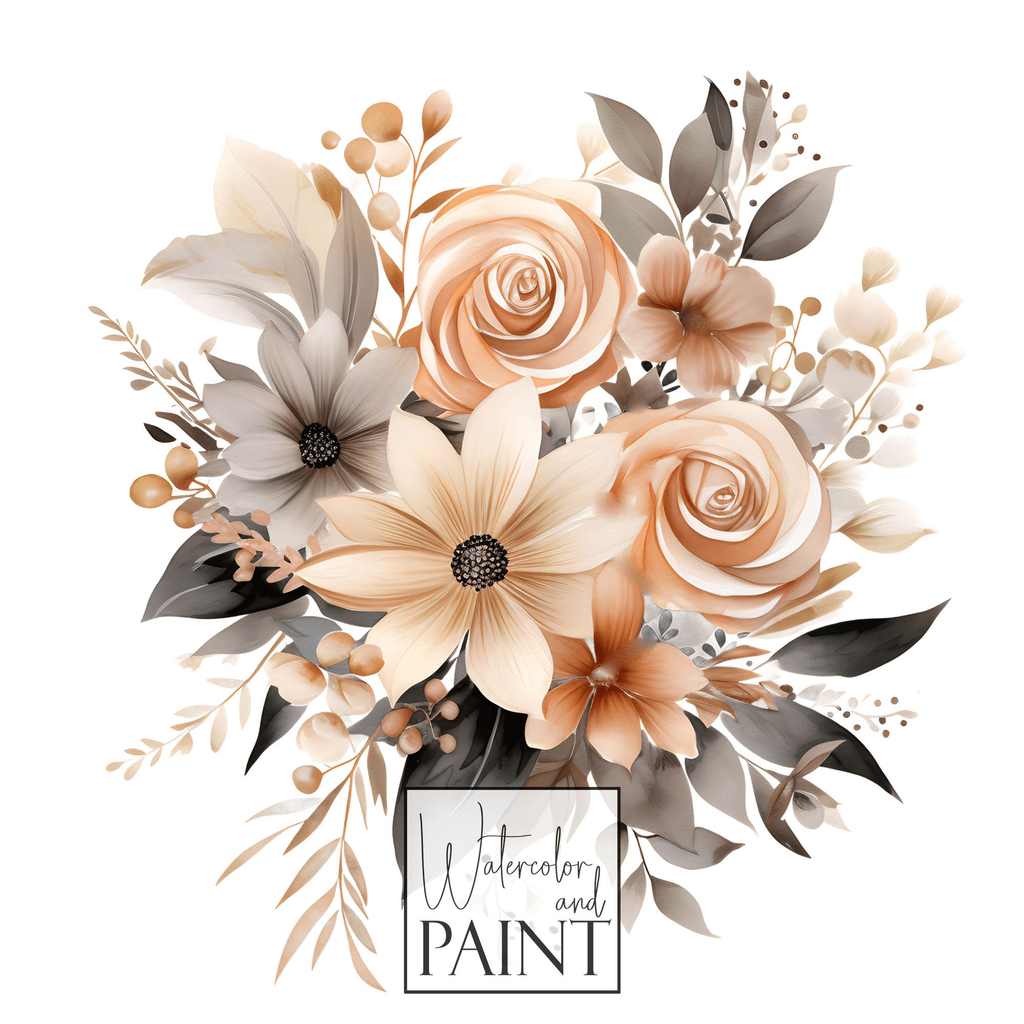Beige and Gray Flowers, Watercolor Floral, PNG Format, Instant Download ...