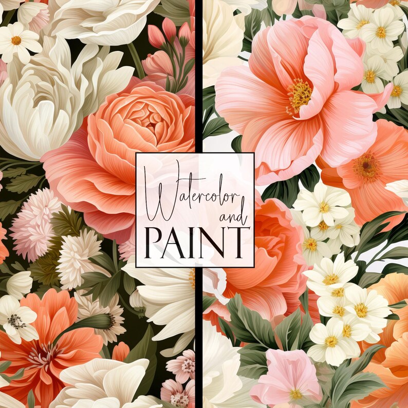 Pink and Orange English Garden Seamless Patterns, 12 JPG Papers ...