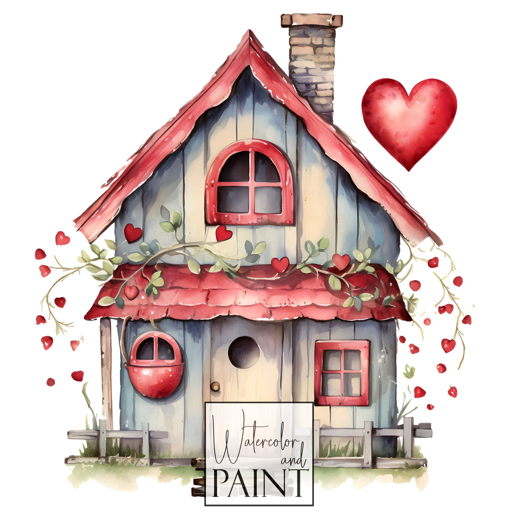 Shabby Chic Valentine Houses, Watercolor Clipart, PNG Format, Instant ...
