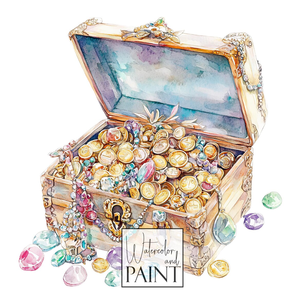Watercolor Treasure Chest Clipart: 8 Pngs, Commercial Use (digital ...
