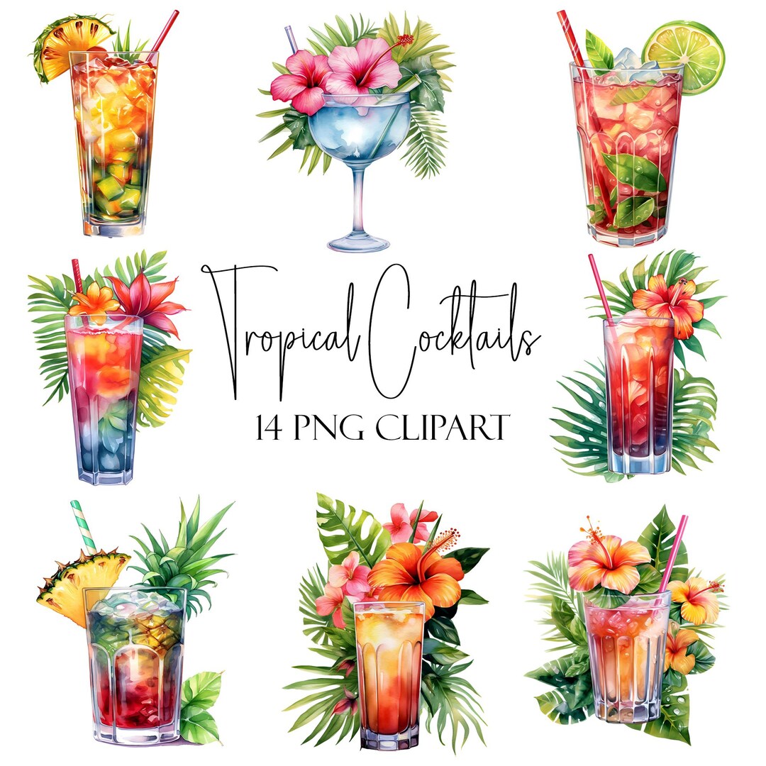 Tropical Cocktail Clipart, Watercolor Elements, 14 Pngs, Instant ...