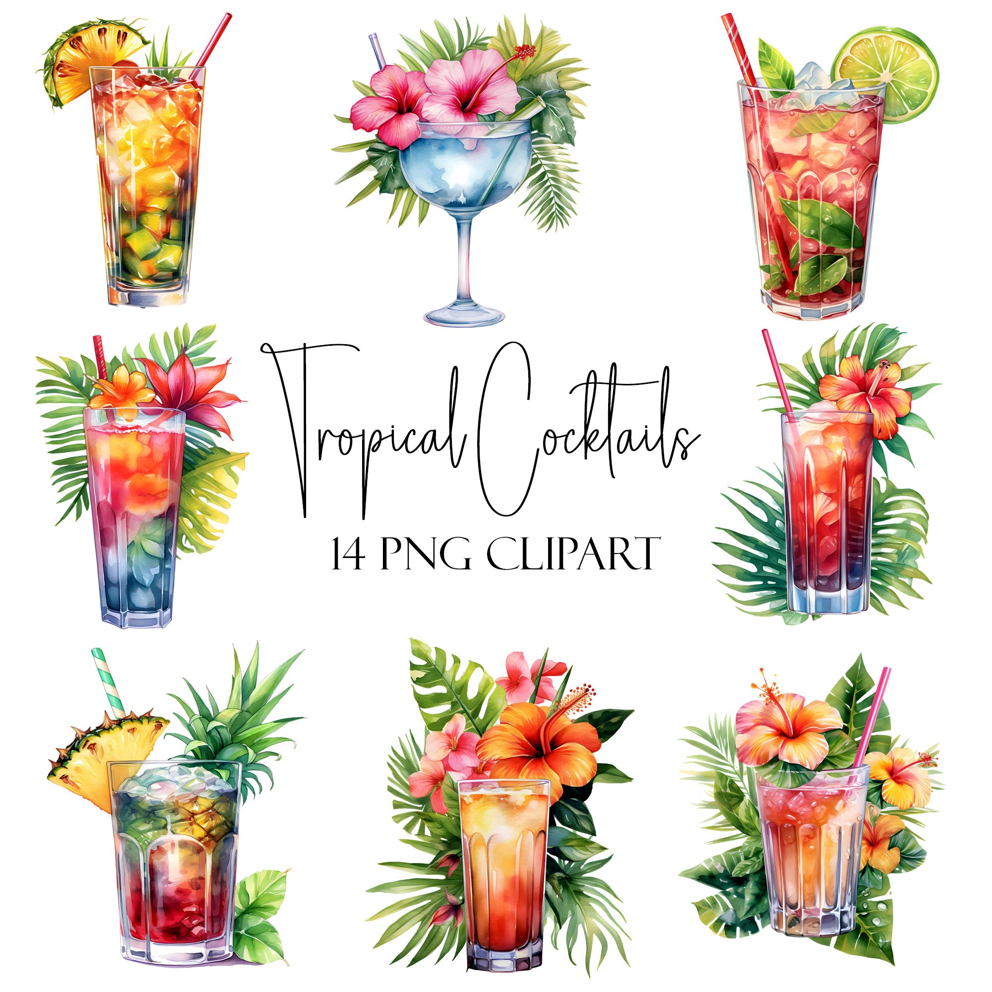 Tropical Cocktail Clipart, Watercolor Elements, 14 Pngs, Instant ...