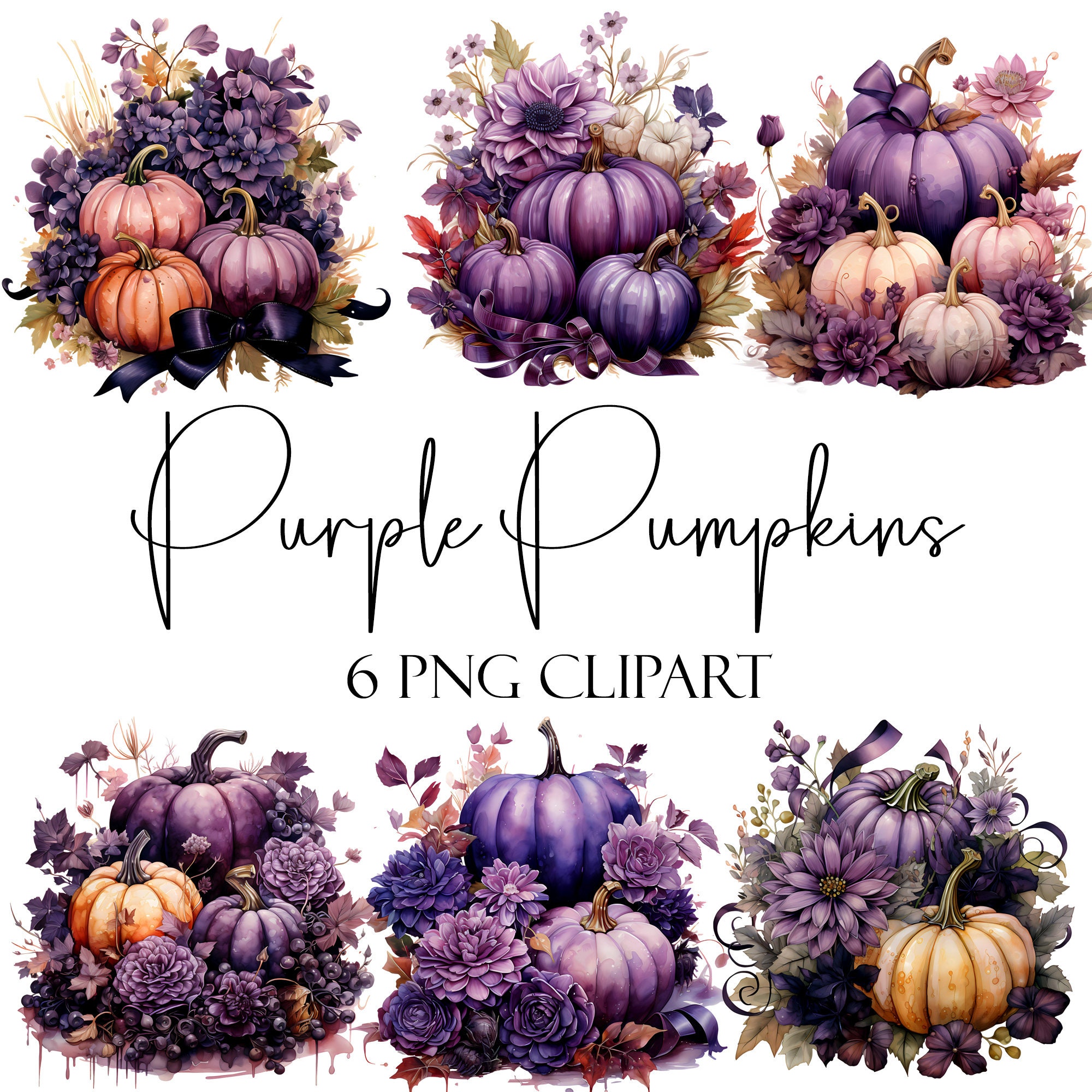 Purple Pumpkins Fall Clipart Watercolor Elements Instant - Etsy