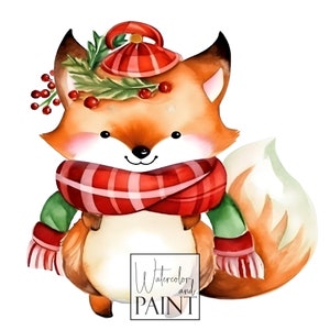 Cute Christmas Fox, Watercolor Clipart, PNG Format, Instant Download ...