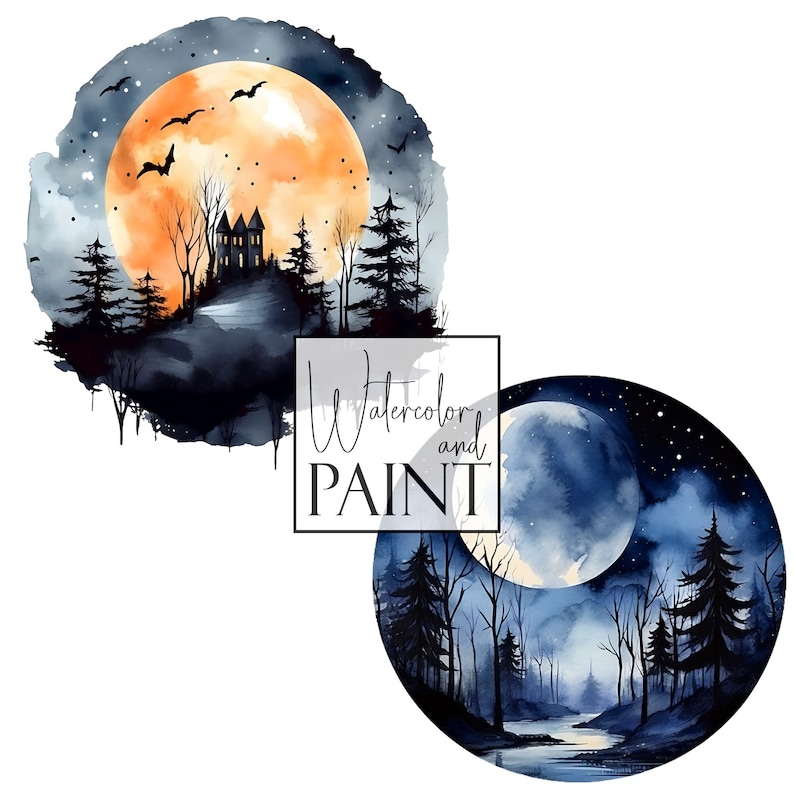 Halloween Full Moon Clipart, Watercolor Elements, PNG Format, Instant ...