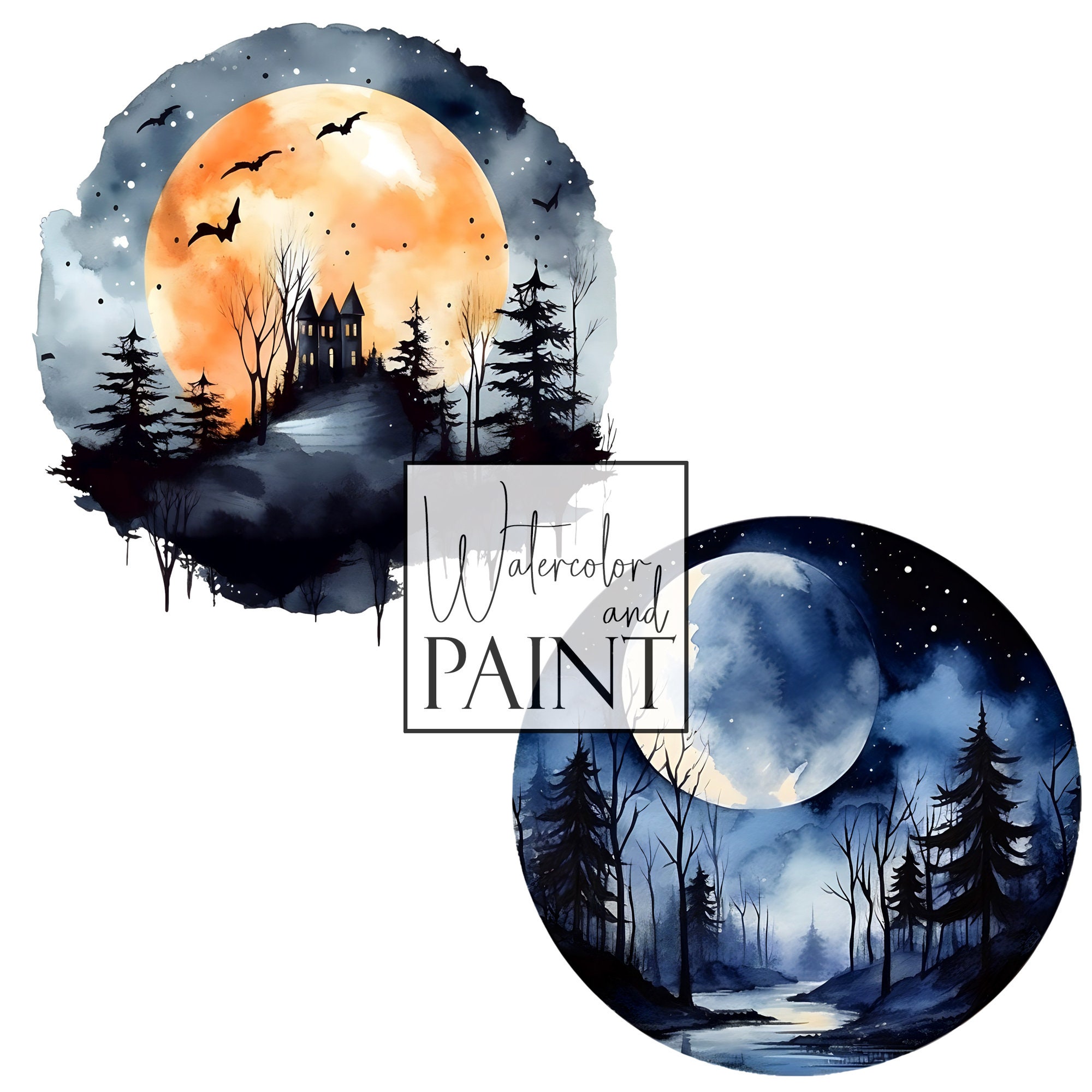 Halloween Full Moon Clipart, Watercolor Elements, PNG Format, Instant Download, POD Use ...