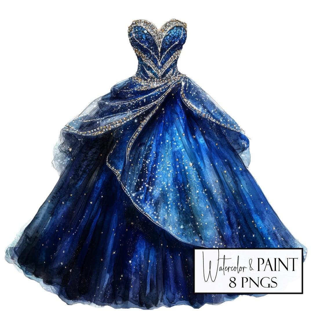 Watercolor Royal Blue Gown Clipart Set: Fashion Dress Graphics (8 Pngs ...