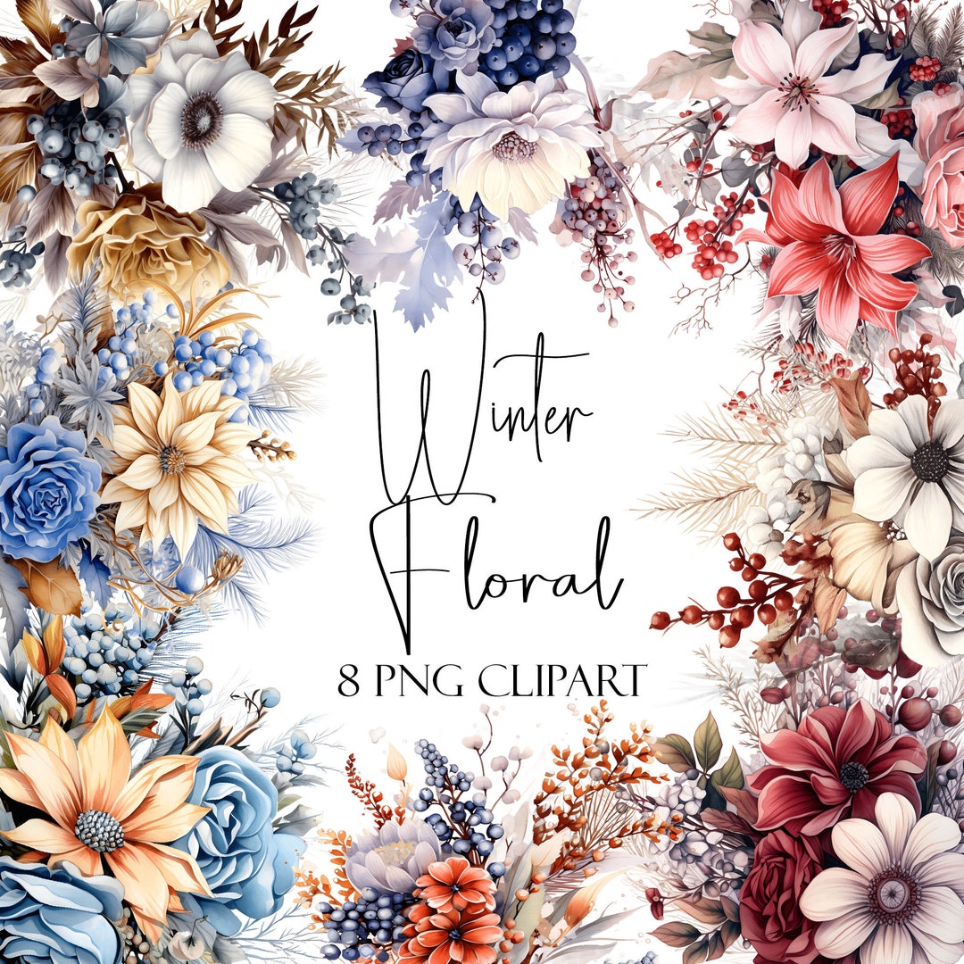 Winter Floral Clipart, Watercolor Flowers, PNG Format, Instant Download ...