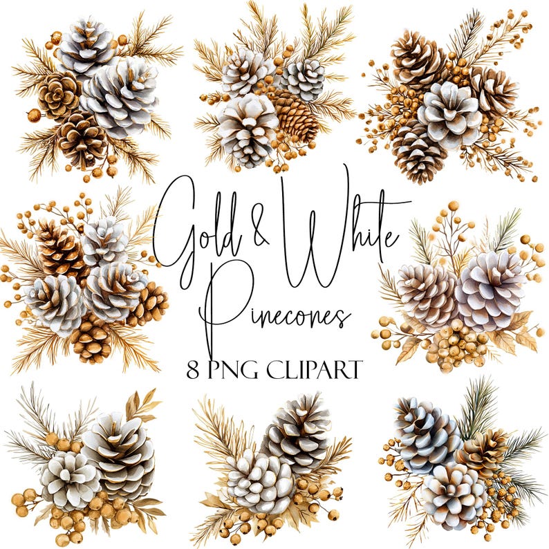 Pinecone Clipart, Gold and White, Christmas Elements, 8 Pngs, Instant ...