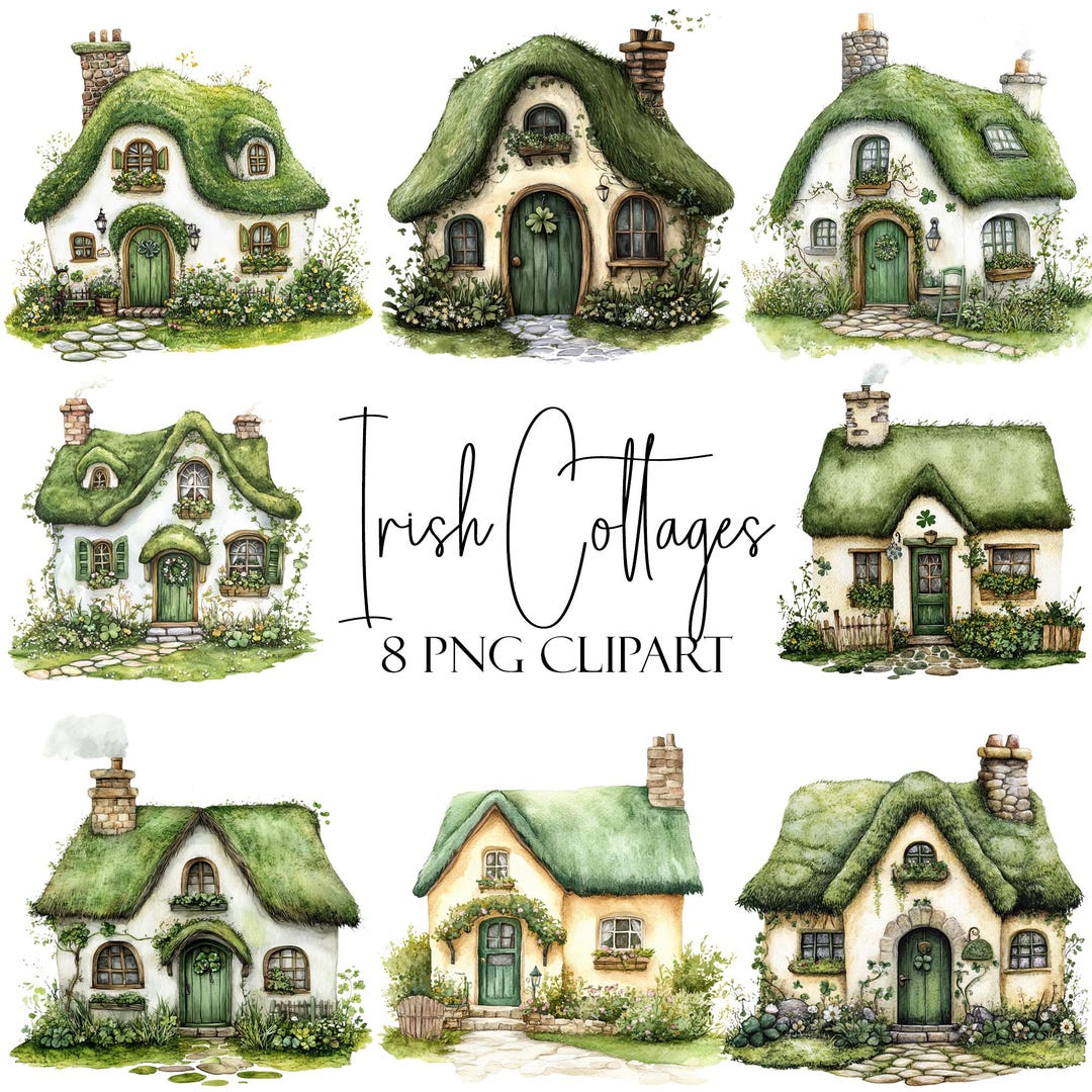 Irish Cottages, Watercolor Clipart, St Patrick Day Elements, 8 Pngs ...