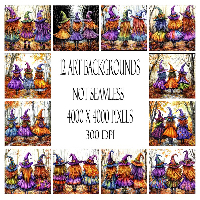 Whimsical Witches Digital Paper: Halloween Scrapbook Backgrounds (12 ...