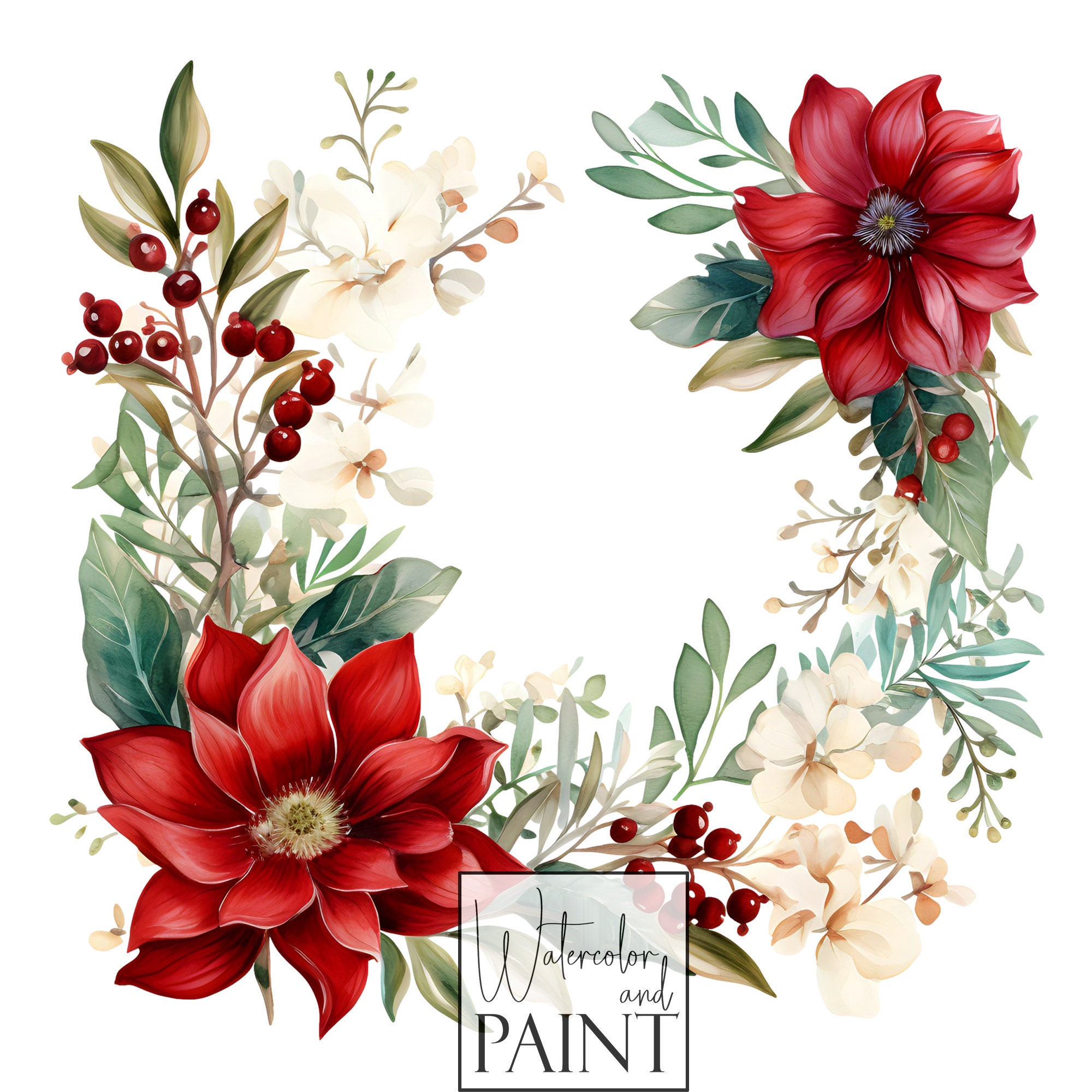 Christmas Floral Frame, Holiday Clipart, PNG Format, Instant Download ...