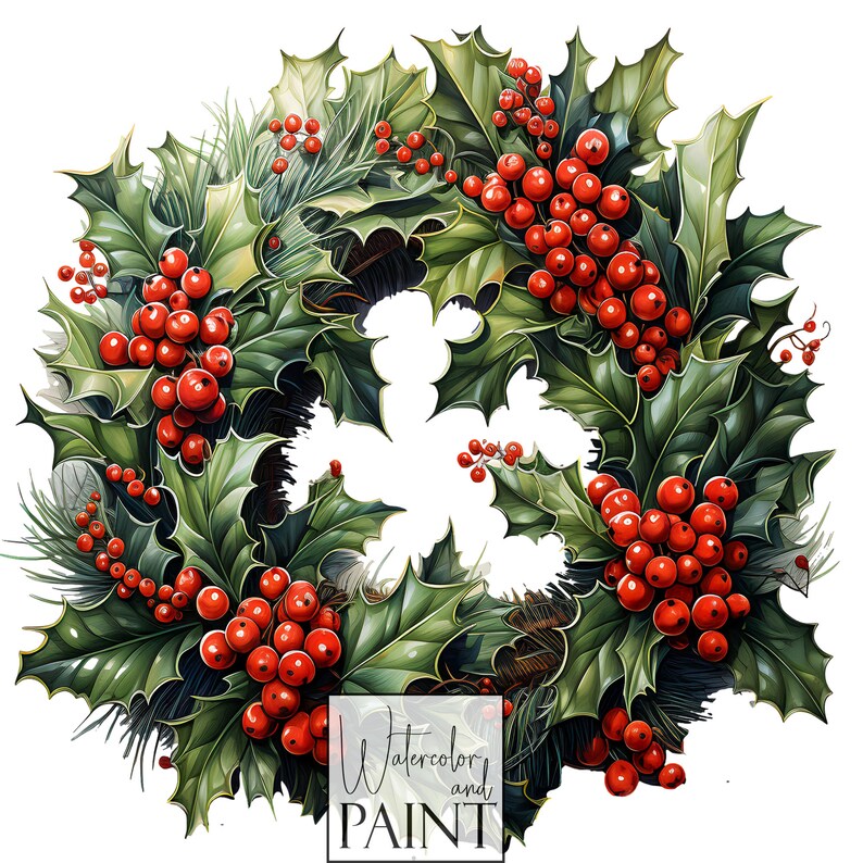 Pretty Holly Berry Wreaths, Watercolor Clipart, PNG Format, Instant ...