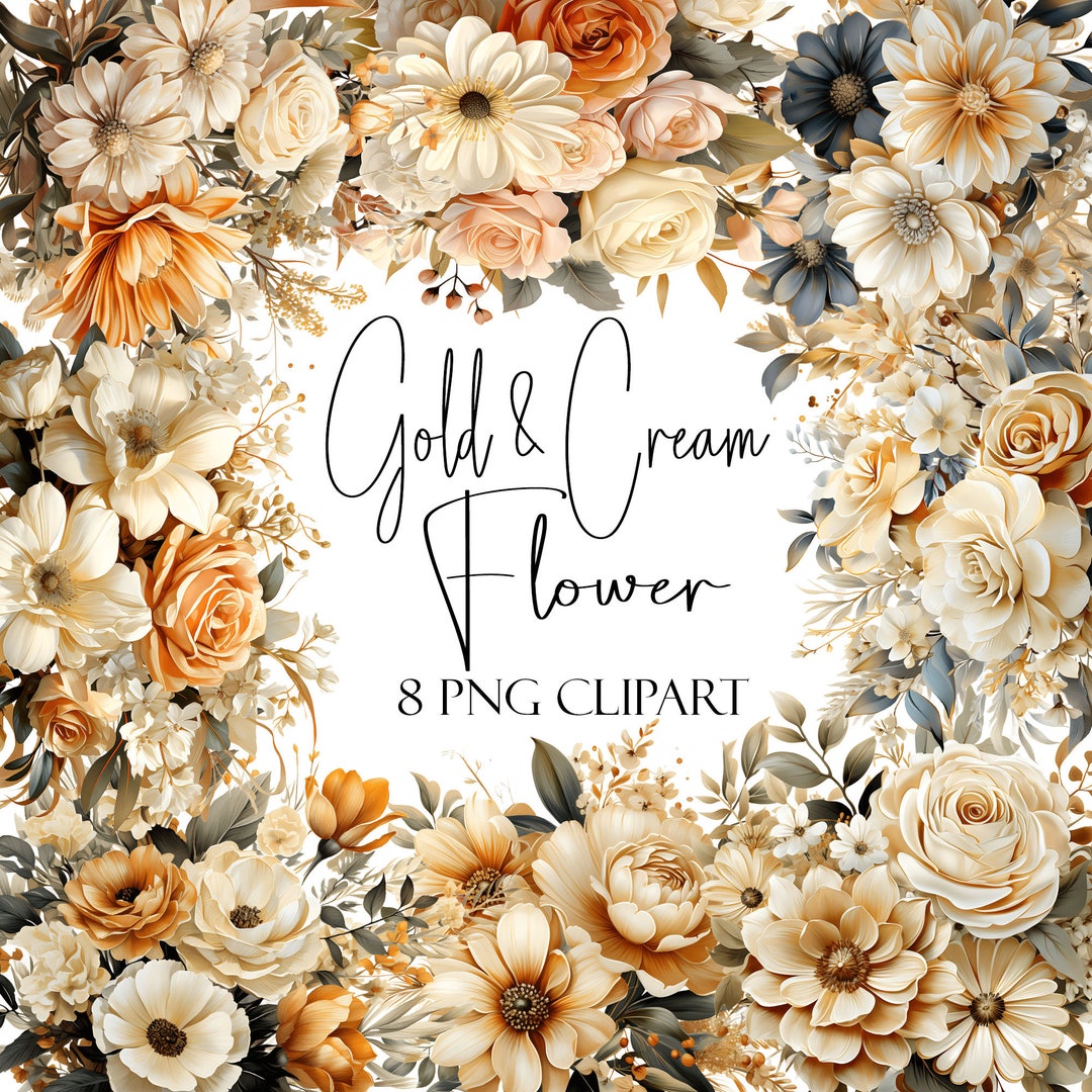 Gold and Cream Watercolor Flower Clipart: 8 PNG Floral Images ...