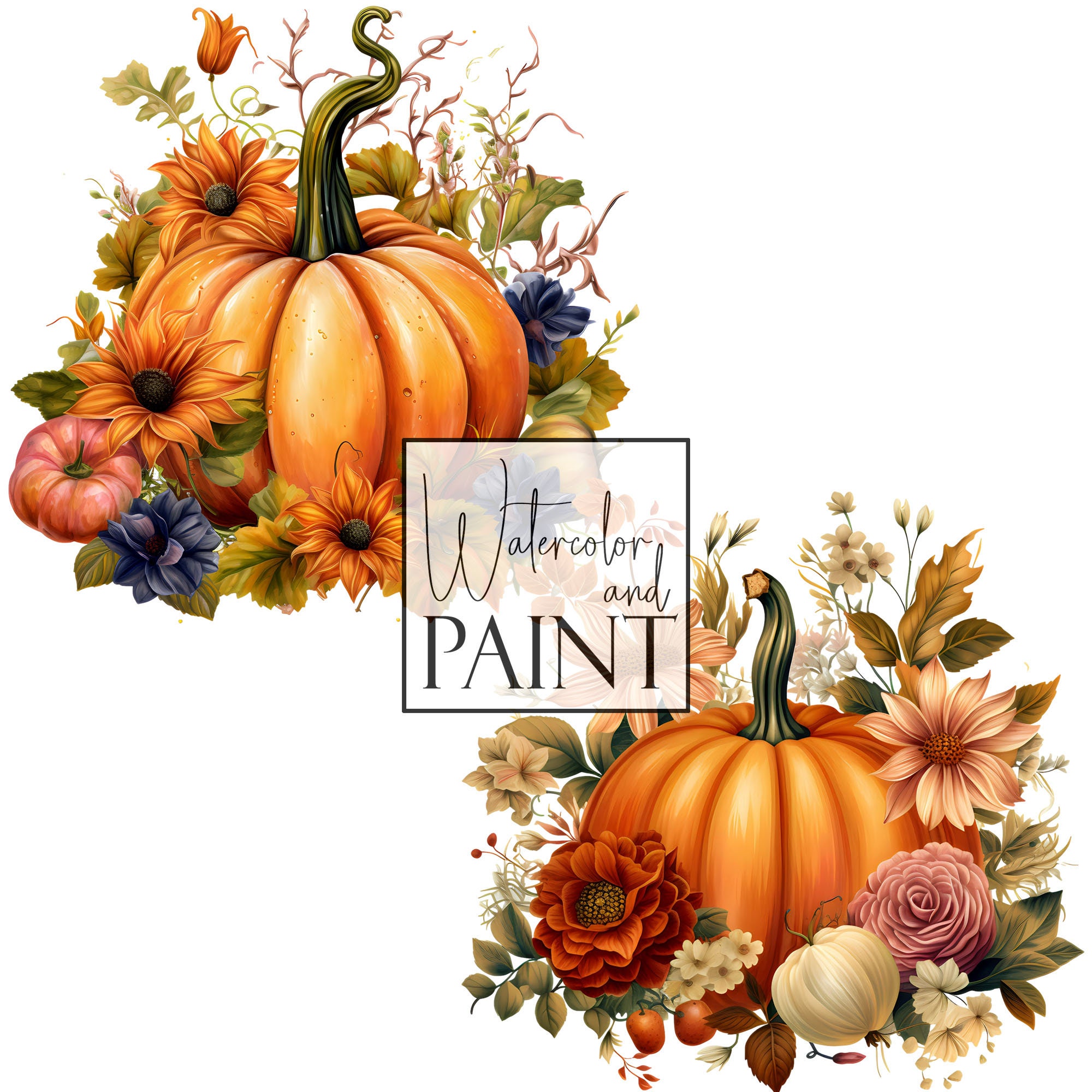 Floral Pumpkin Clipart, Watercolor Fall Elements, PNG Format, Instant ...