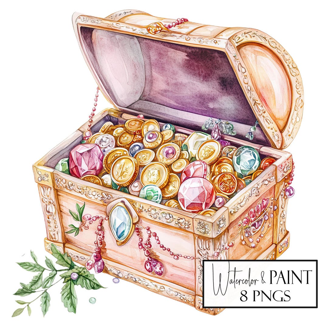 Watercolor Treasure Chest Clipart: 8 Pngs, Commercial Use (digital ...