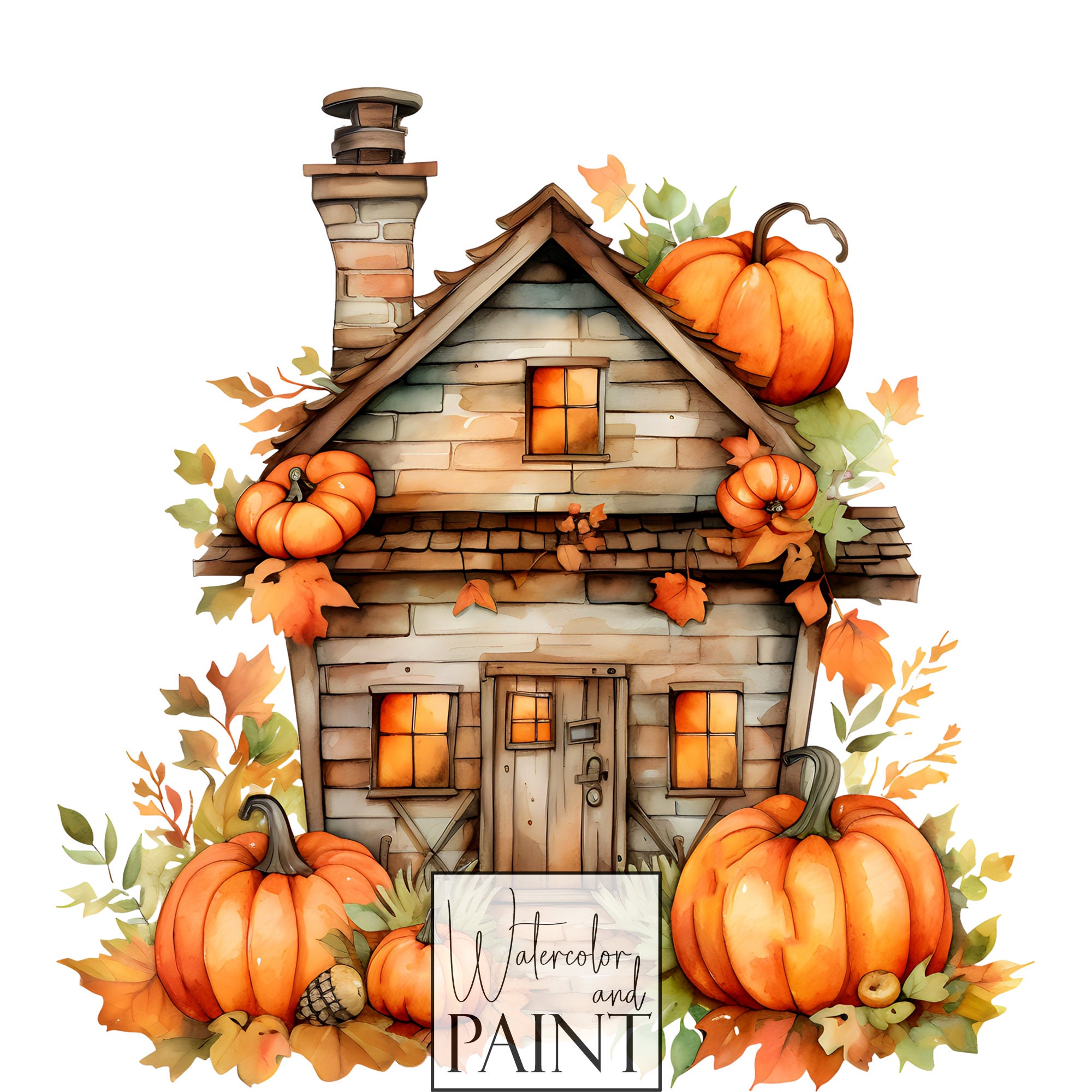 Cute Pumpkin House Clipart, Watercolor Fall Elements, PNG Format, POD ...