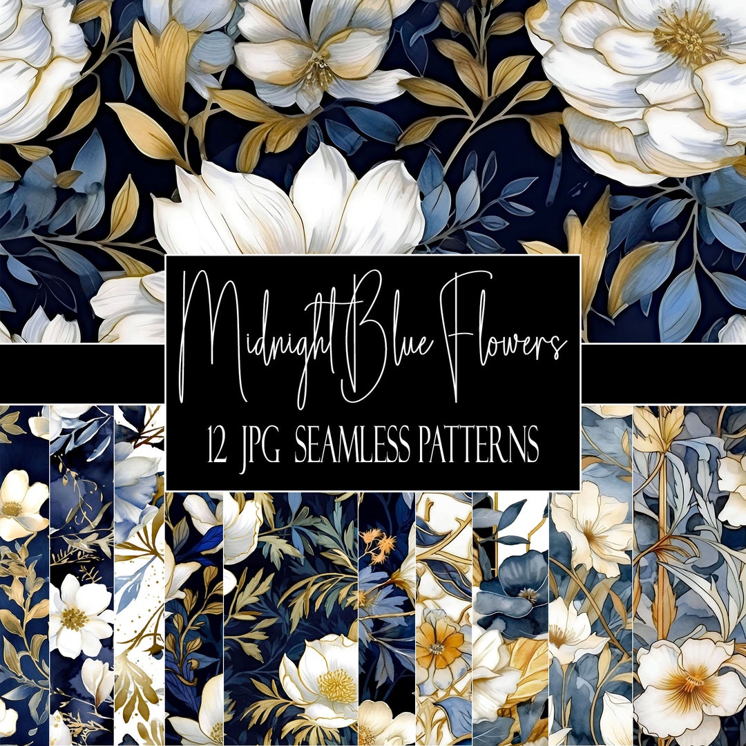 Midnight Blue Floral Watercolor Seamless Patterns (12 Jpgs) Commercial ...