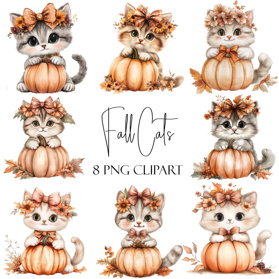 Fall Cat Clipart, Autumn Kitten Elements, 8 Pngs, Instant Download ...