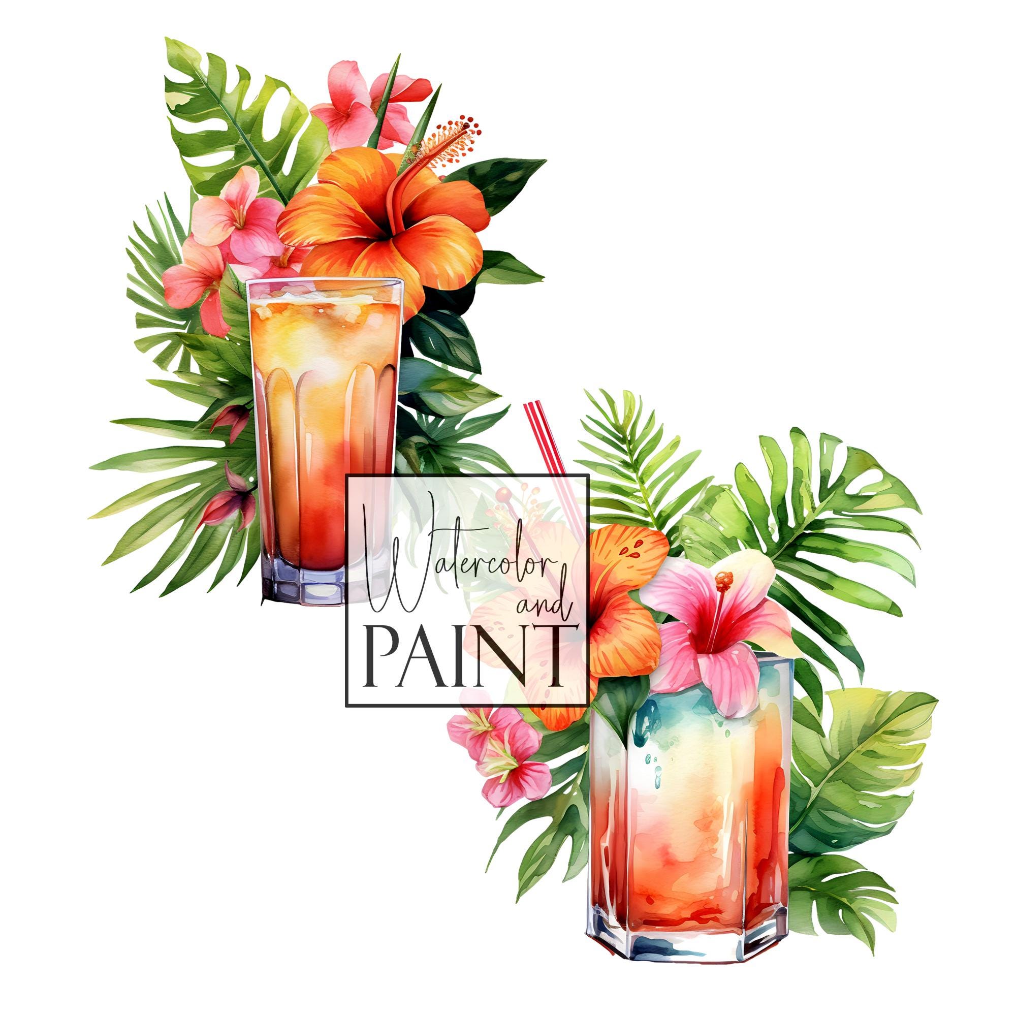Tropical Cocktail Clipart, Watercolor Elements, 14 Pngs, Instant ...