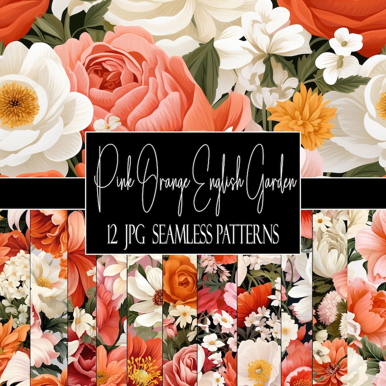 Pink and Orange English Garden Seamless Patterns, 12 JPG Papers ...