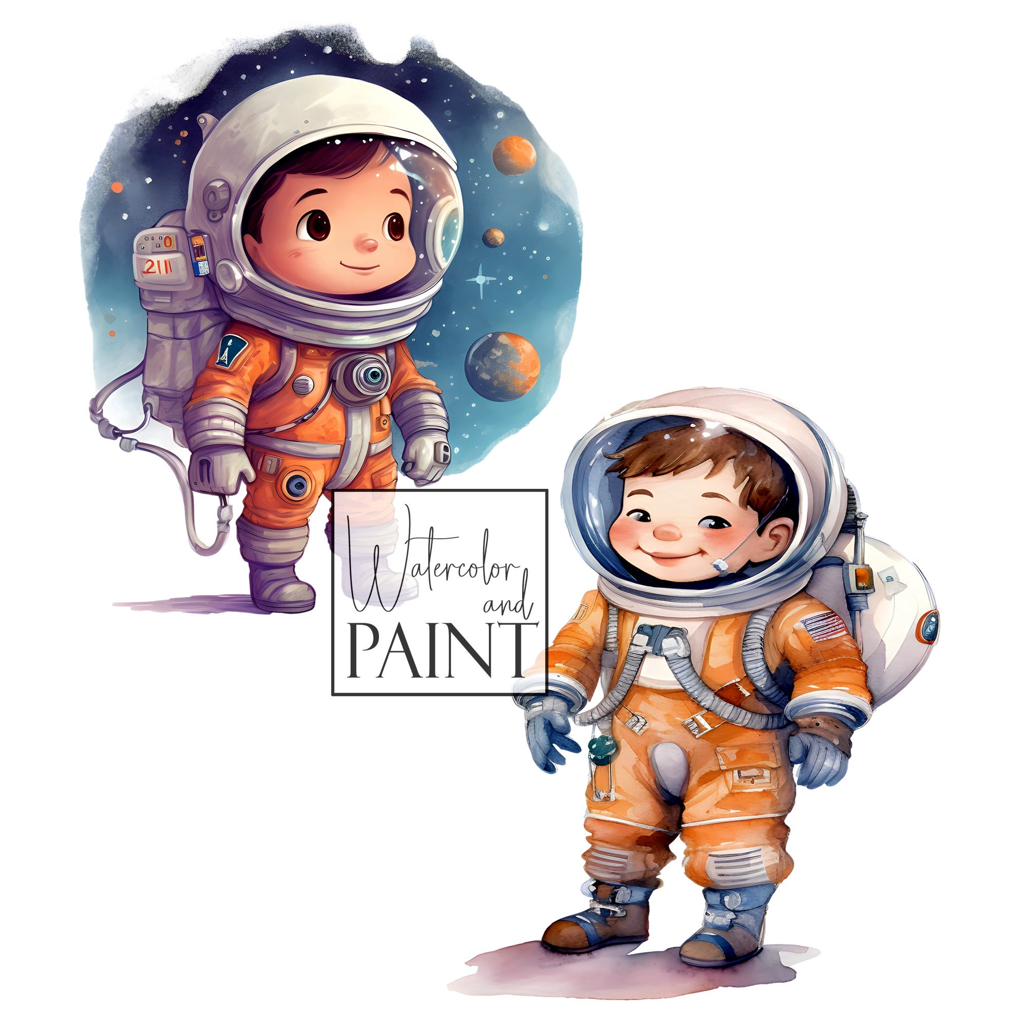 Astronaut Children Clipart, Watercolor Space Kids, PNG Format, Instant ...