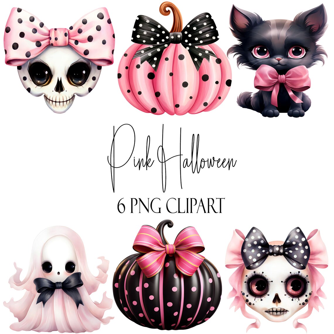 Pink Halloween Clipart: Pumpkin, Ghost, Cat, Skeleton (PNG, Commercial ...