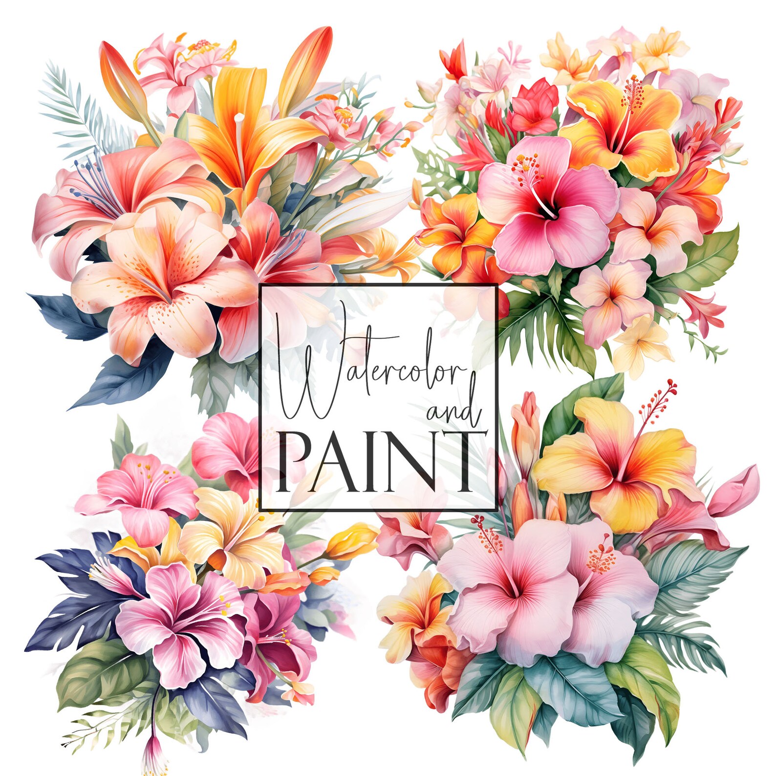 Tropical Flowers, Watercolor Clipart, 22 PNGS, Instant Download ...