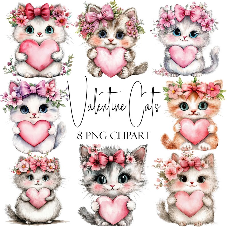Valentine Cats, Watercolor Clipart, 8 Pngs, Instant Download ...