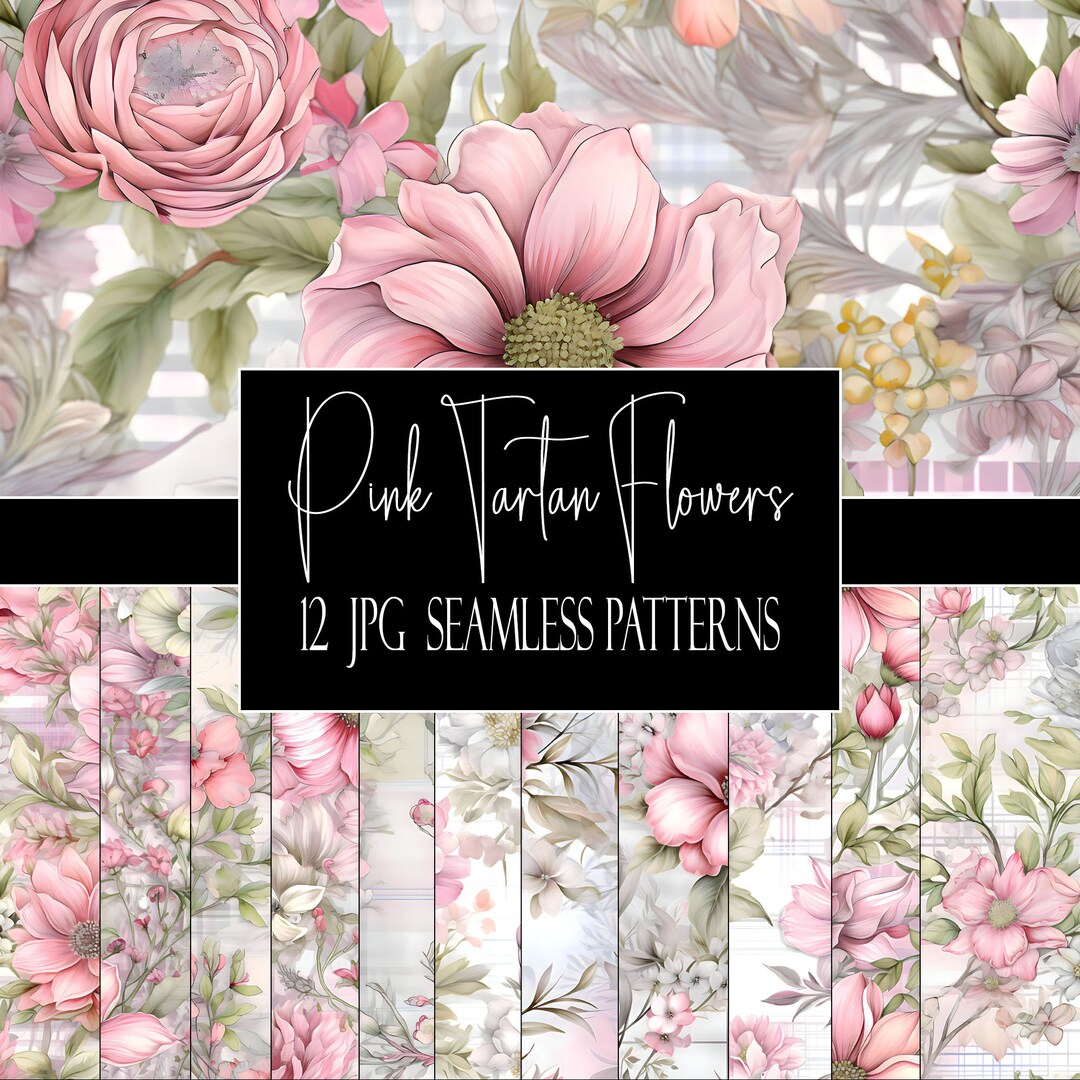 Pink Tartan Flowers, Seamless Patterns, 12 Jpgs, Instant Download ...