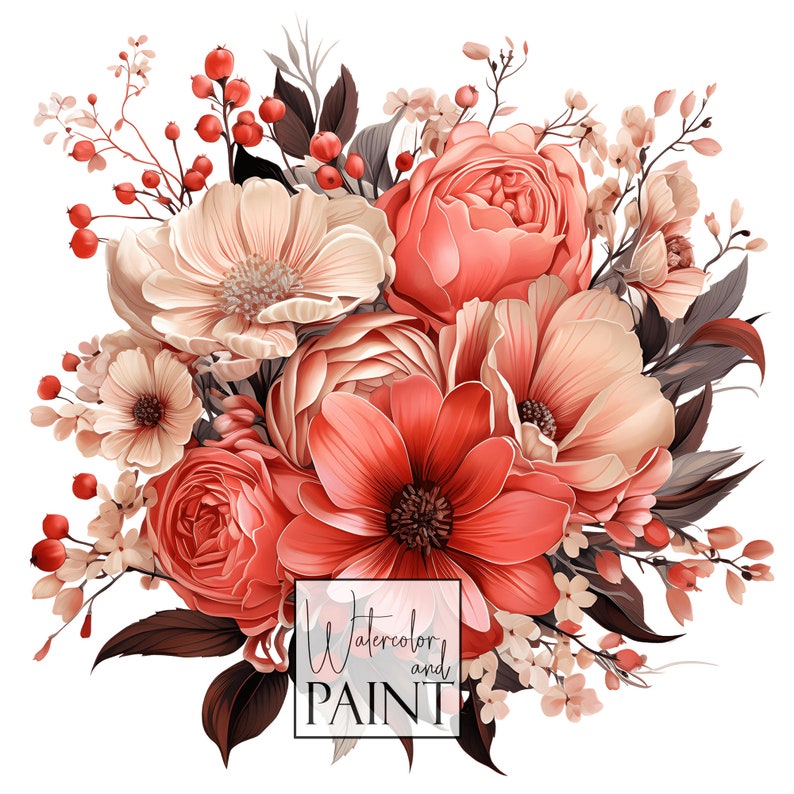 Coral Flowers, Watercolor Floral, PNG Format, Instant Download ...