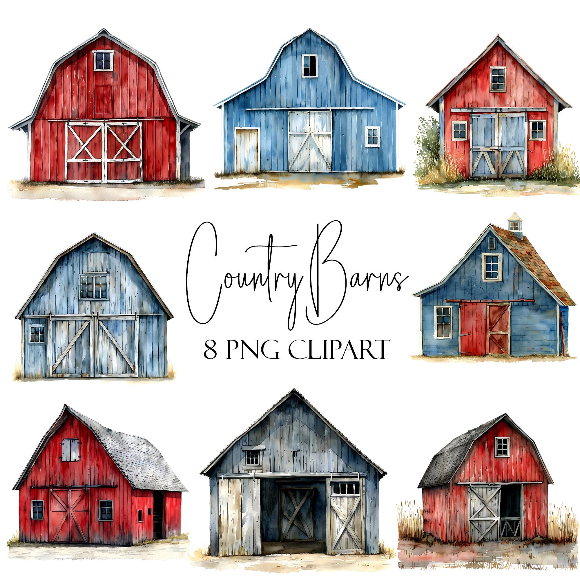 Country Barns, Farm Clipart, Watercolor Graphics, 8 Pngs, Instant ...