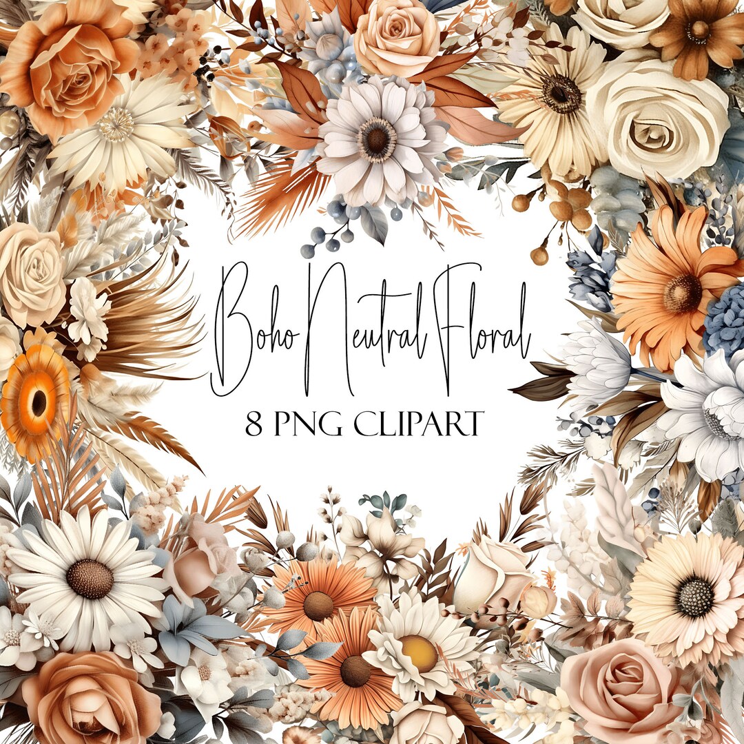 Boho Neutral Floral Clipart, Watercolor Elements, PNG Format, Instant ...