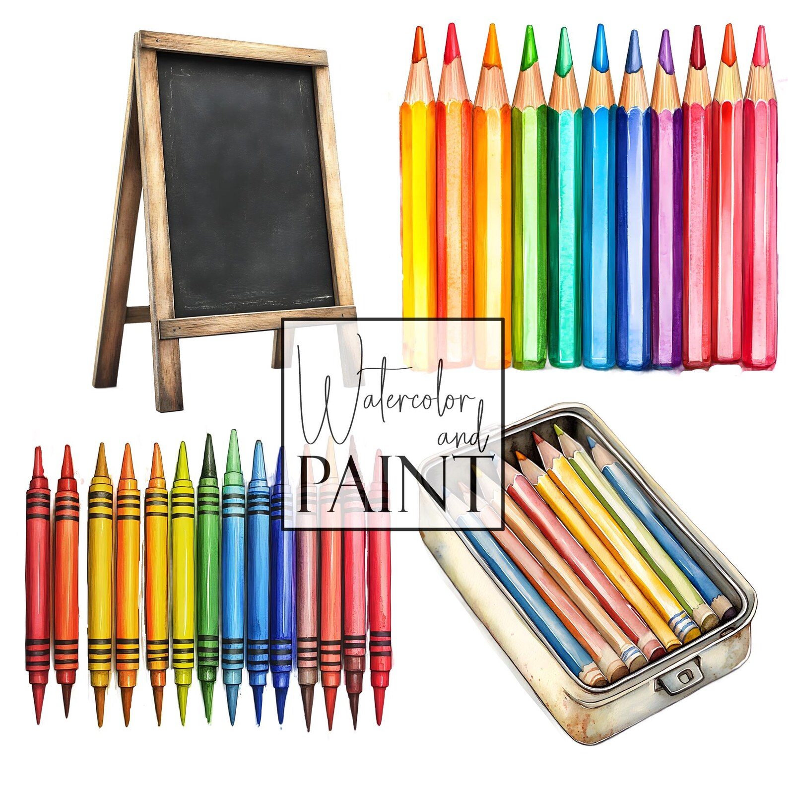 School Supply Clipart, Watercolor Elements, Back to School Graphics, 22 ...