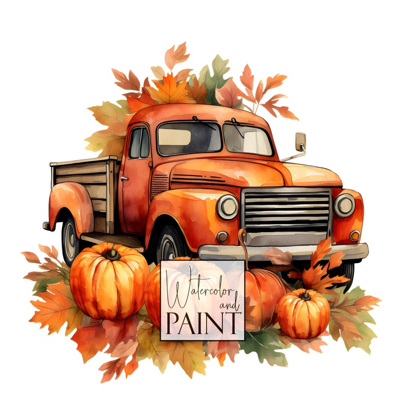 Autumn Vintage Truck Clipart, Fall Watercolor Elements, PNG Format, POD ...