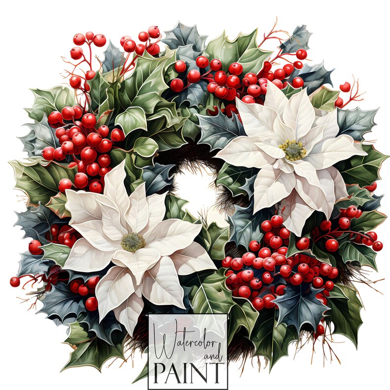 Pretty Holly Berry Wreaths, Watercolor Clipart, PNG Format, Instant ...