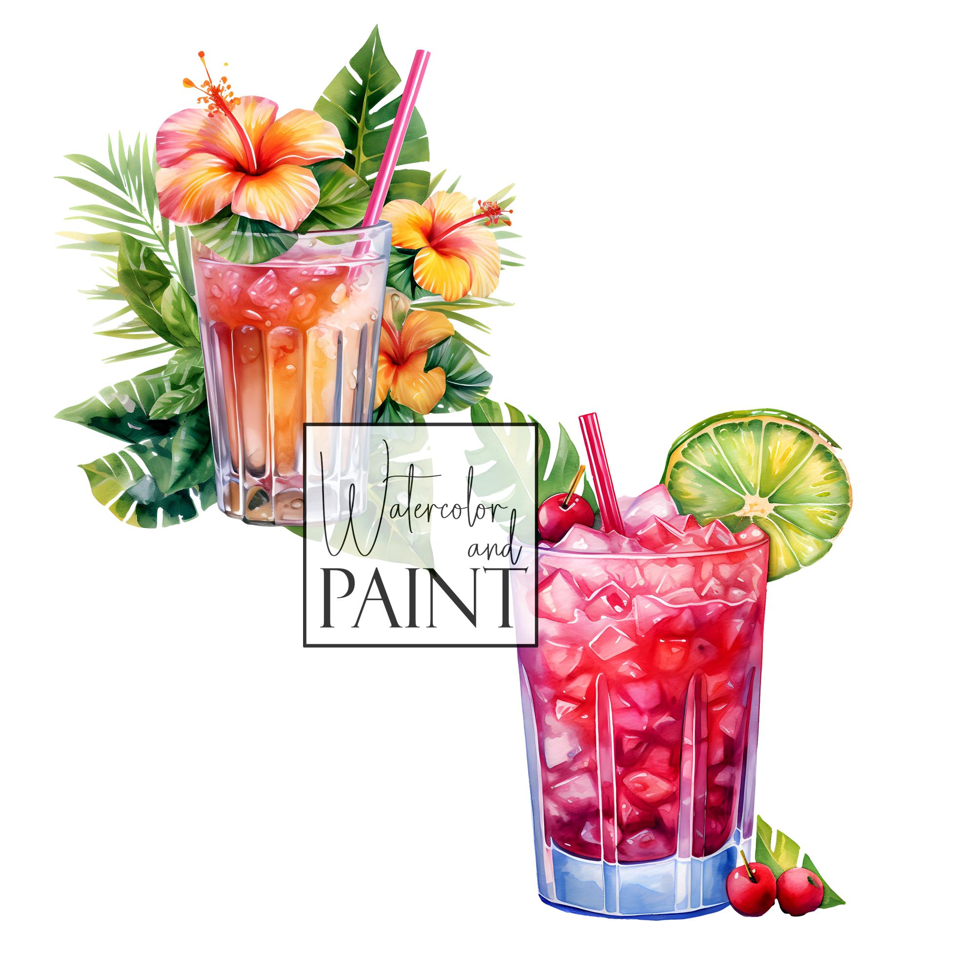 Tropical Cocktail Clipart, Watercolor Elements, 14 Pngs, Instant ...