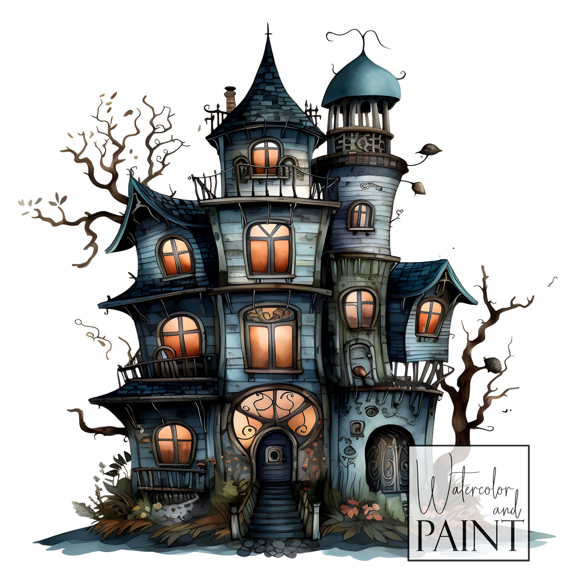 Haunted House Clipart, Watercolor Halloween Elements, PNG Format ...