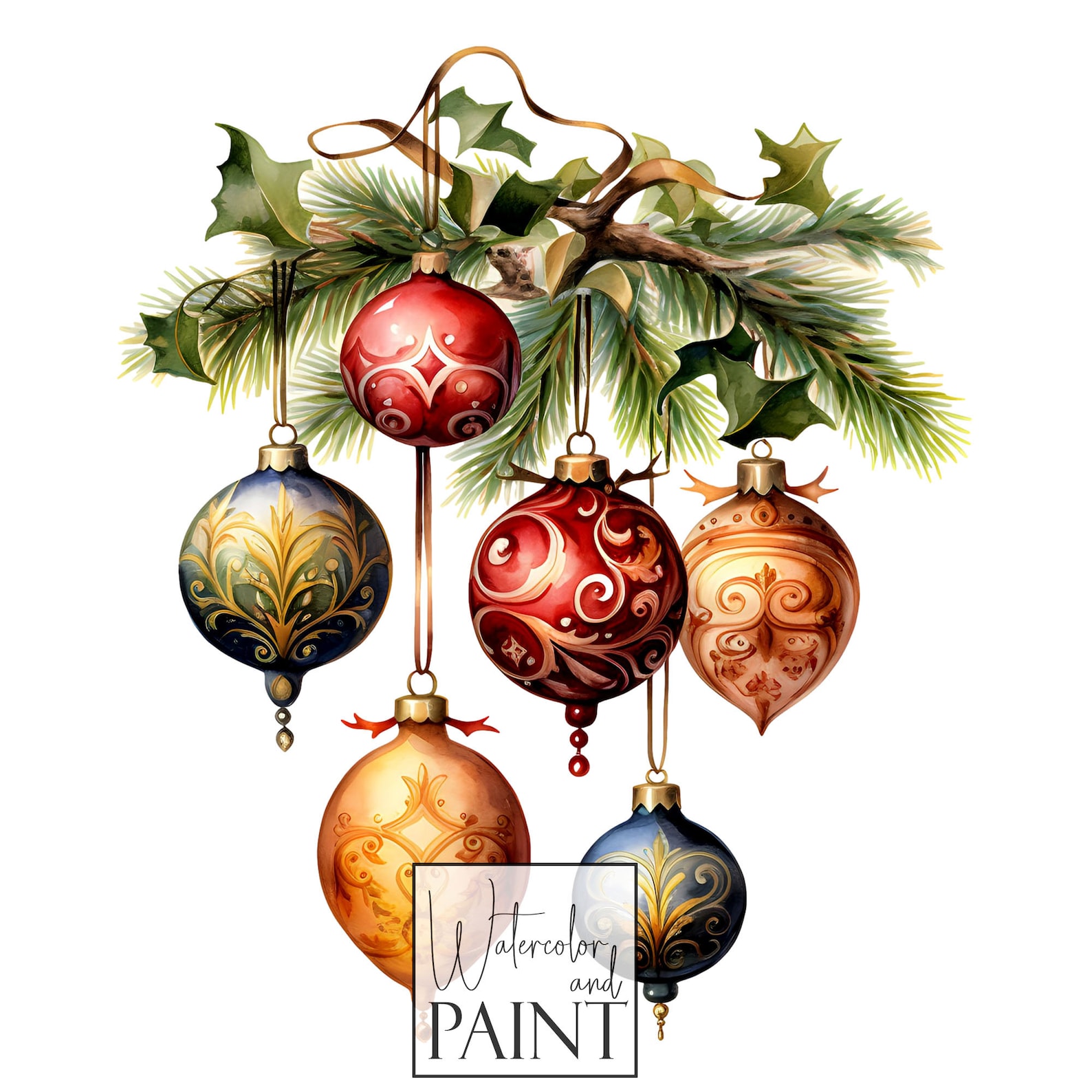 Victorian Christmas Ornaments, Watercolor Clipart, PNG Format, Instant ...