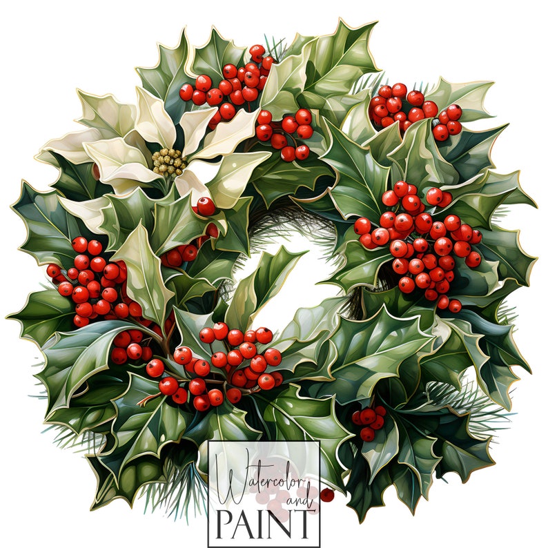 Pretty Holly Berry Wreaths, Watercolor Clipart, PNG Format, Instant ...