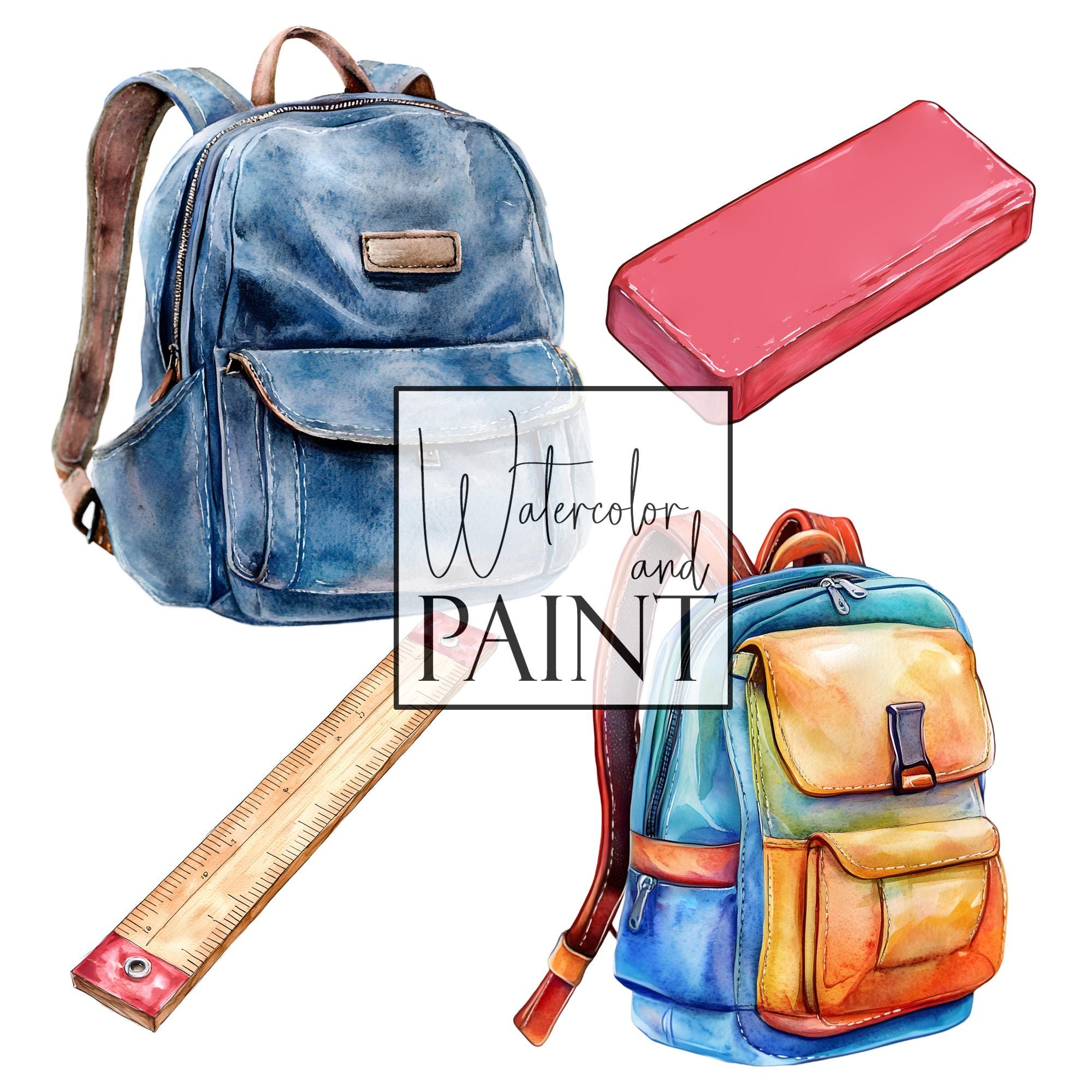 School Supply Clipart, Watercolor Elements, Back to School Graphics, 22 ...