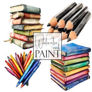 School Supply Clipart, Watercolor Elements, Back to School Graphics, 22 ...