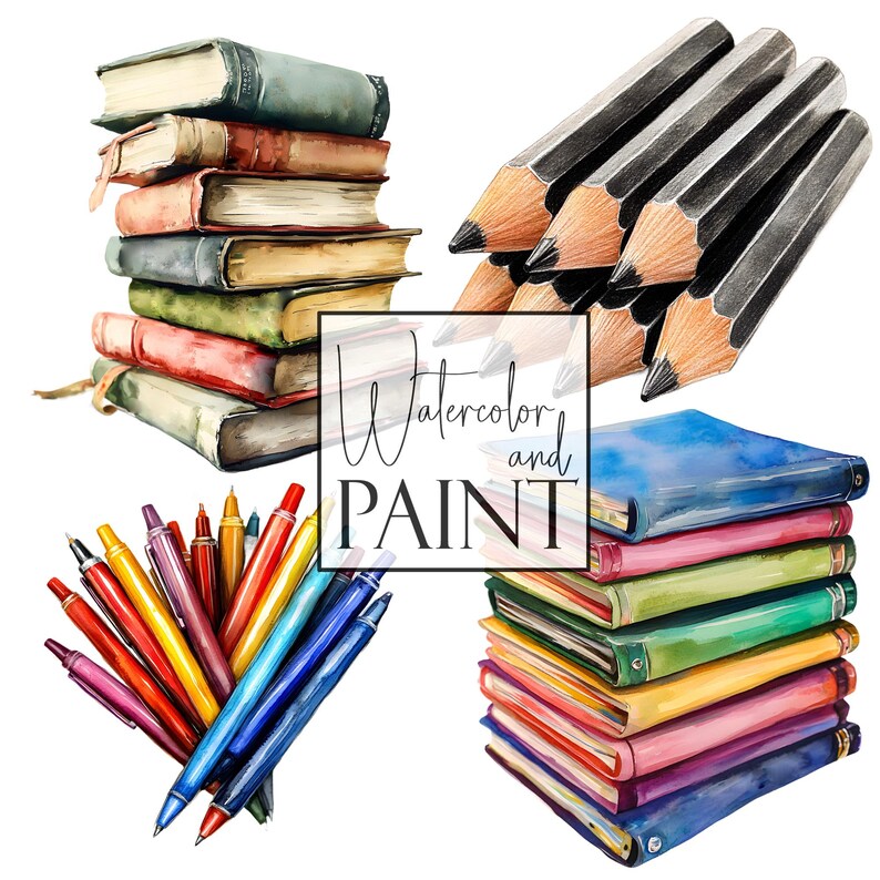 School Supply Clipart, Watercolor Elements, Back to School Graphics, 22 ...