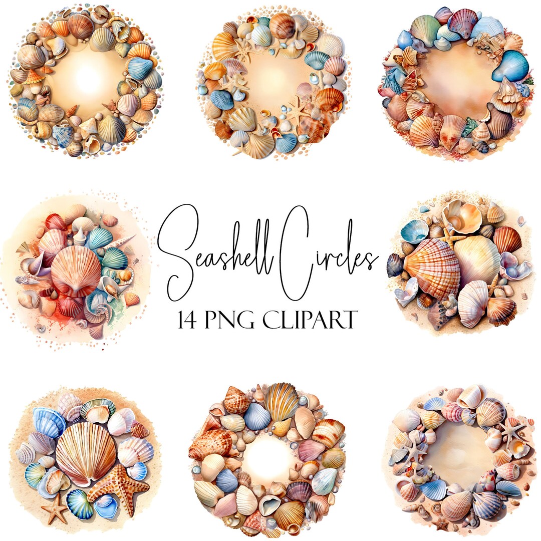 Seashell Circles, Watercolor Clipart, Beach Elements, 14 Pngs, Instant ...