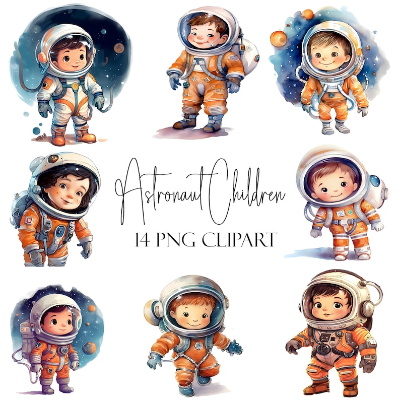 Astronaut Children Clipart, Watercolor Space Kids, PNG Format, Instant ...