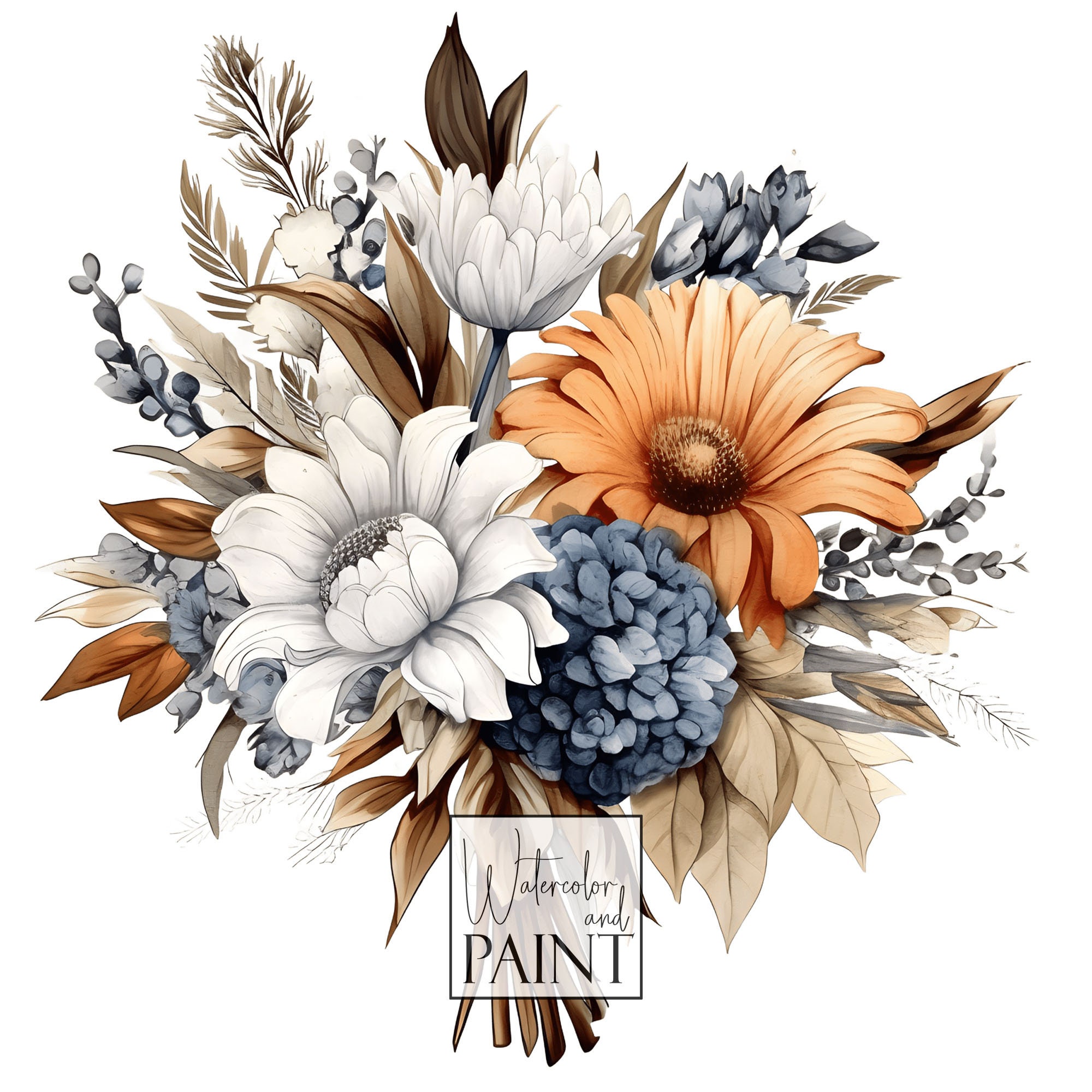 Boho Neutral Floral Clipart, Watercolor Elements, PNG Format, Instant ...