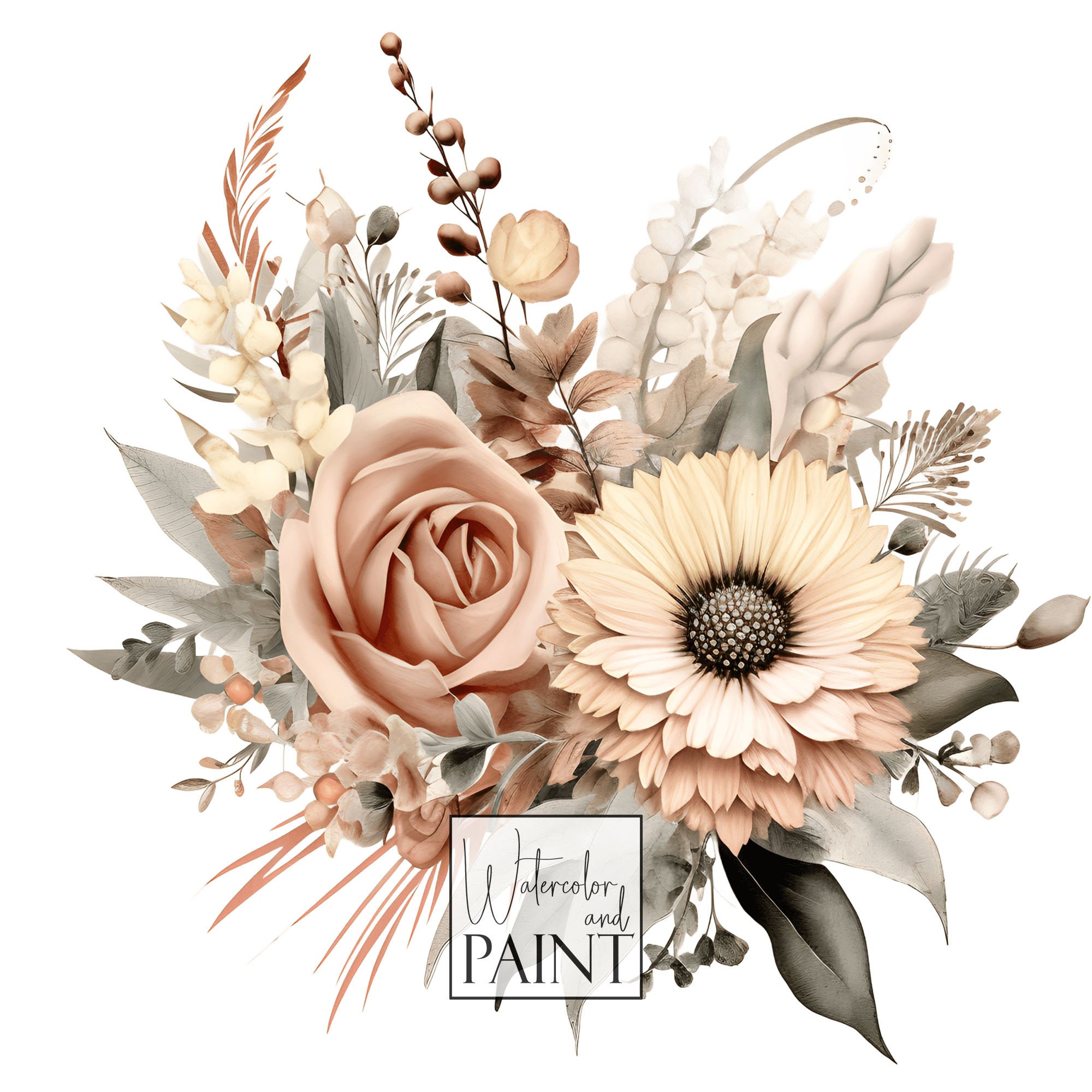 Boho Neutral Floral Clipart, Watercolor Elements, PNG Format, Instant ...